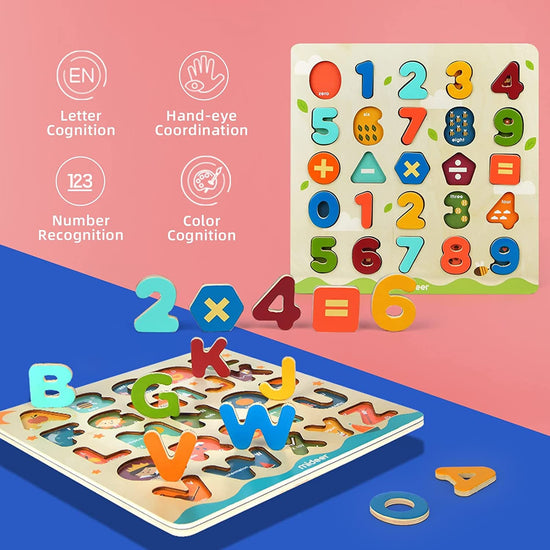 Wooden Alphabet & Number Puzzle Board Toddler Early Learning – Happi Bebe