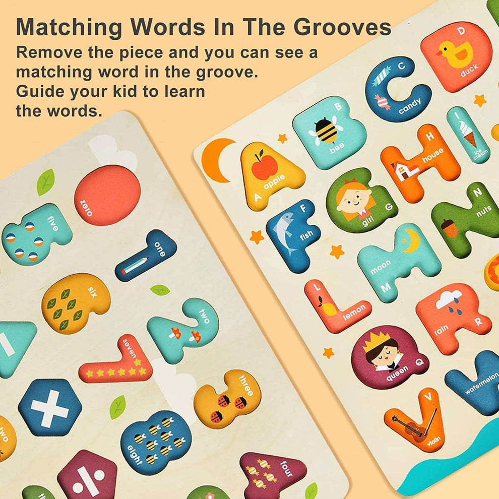 Wooden Alphabet & Number Puzzle Board Toddler Early Learning – Happi Bebe